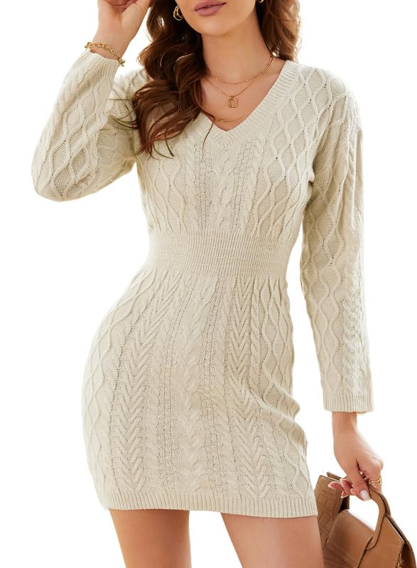 Dokotoo Women White Sweater Dress Long Sleeve V Neck Slim Fit Bodycon Sexy Dress Cable Knit Chunky Warm Winter Pullover Elegant Knitted Fall Jumper Sweaters Large