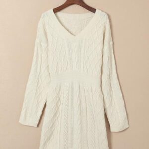 Dokotoo Women White Sweater Dress Long Sleeve V Neck Slim Fit Bodycon Sexy Dress Cable Knit Chunky Warm Winter Pullover Elegant Knitted Fall Jumper Sweaters Large