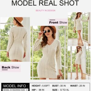 Dokotoo Women White Sweater Dress Long Sleeve V Neck Slim Fit Bodycon Sexy Dress Cable Knit Chunky Warm Winter Pullover Elegant Knitted Fall Jumper Sweaters Large