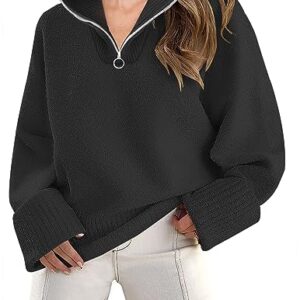 ZESICA Women's 2023 Winter Long Sleeve 1/4 Zipper V Neck Loose Fuzzy Knitted Chunky Warm Pullover Sweater Jumper Tops,Black,Large