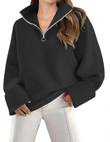 ZESICA Women's 2023 Winter Long Sleeve 1/4 Zipper V Neck Loose Fuzzy Knitted Chunky Warm Pullover Sweater Jumper Tops,Black,Large