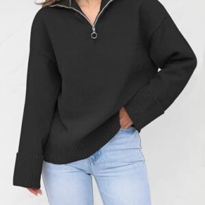 ZESICA Women's 2023 Winter Long Sleeve 1/4 Zipper V Neck Loose Fuzzy Knitted Chunky Warm Pullover Sweater Jumper Tops,Black,Large