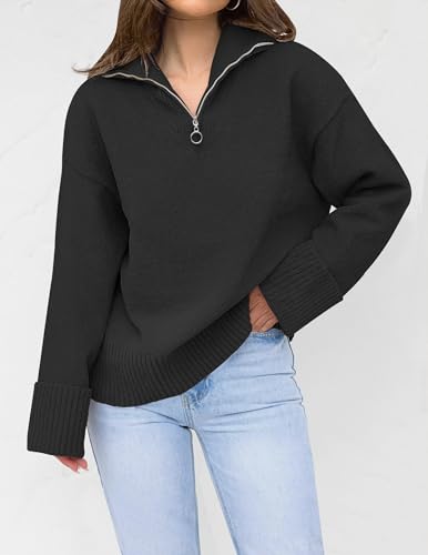 ZESICA Women's 2023 Winter Long Sleeve 1/4 Zipper V Neck Loose Fuzzy Knitted Chunky Warm Pullover Sweater Jumper Tops,Black,Large