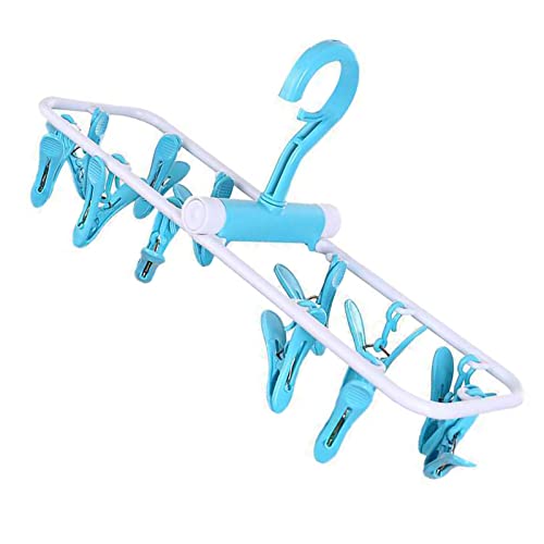 Foldable Clip Hanger Drying Rack, Laundry Clip Hanger, Foldable Clip Hanger, Windproof Hanger, Foldable Windproof Underwear and Sock Hanger with 12 Clips for Home - Plastic Drying Clip Rack(Blue)