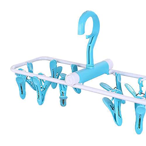 Foldable Clip Hanger Drying Rack, Laundry Clip Hanger, Foldable Clip Hanger, Windproof Hanger, Foldable Windproof Underwear and Sock Hanger with 12 Clips for Home - Plastic Drying Clip Rack(Blue)