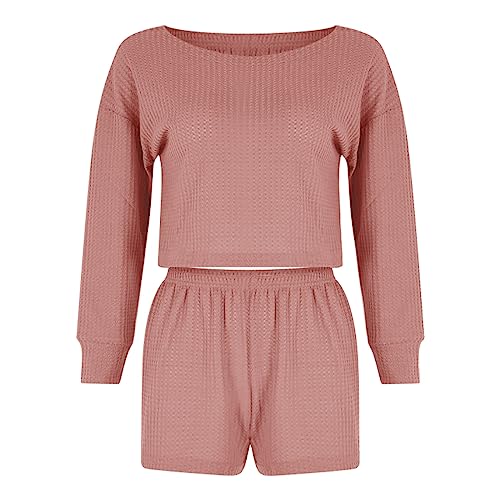 HGps8w 2 Piece Outfits for Women's Waffle Knit Long Sleeve Top and Shorts Pullover Nightwear Lounge Pajama Set with Pockets