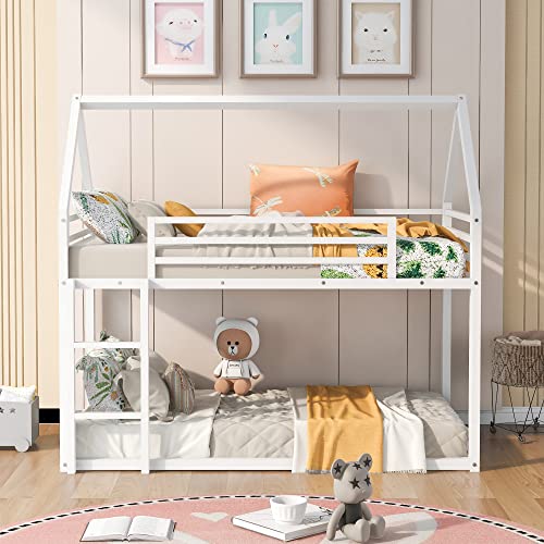 Lostcat Twin Over Twin Metal Bunk Bed, House - Shaped Low Bunk Beds w/Safety Guardrail & Ladder, Space Saving Design, No Box Spring Needed, for Girls Boys Toddlers, White