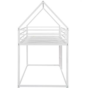 Lostcat Twin Over Twin Metal Bunk Bed, House - Shaped Low Bunk Beds w/Safety Guardrail & Ladder, Space Saving Design, No Box Spring Needed, for Girls Boys Toddlers, White