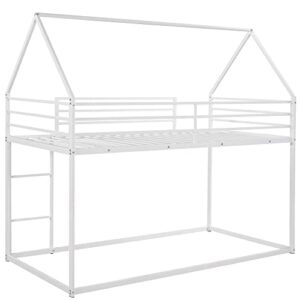 Lostcat Twin Over Twin Metal Bunk Bed, House - Shaped Low Bunk Beds w/Safety Guardrail & Ladder, Space Saving Design, No Box Spring Needed, for Girls Boys Toddlers, White