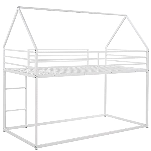 Lostcat Twin Over Twin Metal Bunk Bed, House - Shaped Low Bunk Beds w/Safety Guardrail & Ladder, Space Saving Design, No Box Spring Needed, for Girls Boys Toddlers, White