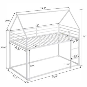 Lostcat Twin Over Twin Metal Bunk Bed, House - Shaped Low Bunk Beds w/Safety Guardrail & Ladder, Space Saving Design, No Box Spring Needed, for Girls Boys Toddlers, White