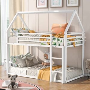 Lostcat Twin Over Twin Metal Bunk Bed, House - Shaped Low Bunk Beds w/Safety Guardrail & Ladder, Space Saving Design, No Box Spring Needed, for Girls Boys Toddlers, White