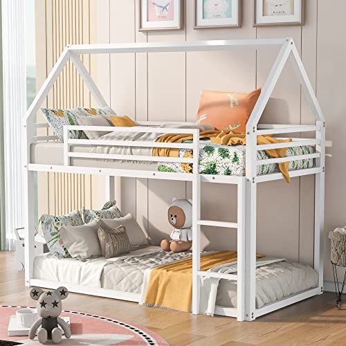 Lostcat Twin Over Twin Metal Bunk Bed, House - Shaped Low Bunk Beds w/Safety Guardrail & Ladder, Space Saving Design, No Box Spring Needed, for Girls Boys Toddlers, White