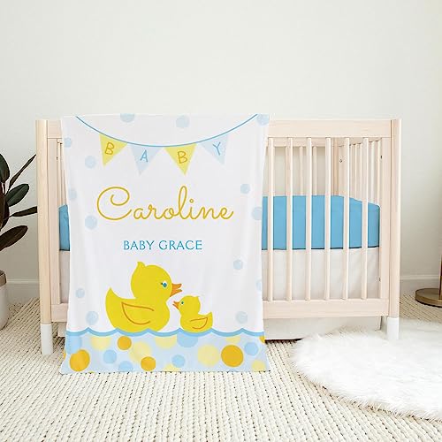 Personalized Rubber Ducky Blanket with Name Receiving Security Swaddle Blanket for Baby Girls, Cutie Rubber Ducky Baby Shower Blanket for Baby Boy, Cozy Soft Fleece Blanket 30"x 40"