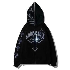 naranjaburbuja y2k rhinestone full zip up hoodie women man goth graphic oversized punk jackets grunge sweatshirt coat halloween clothes harajuku streetwear (e-black cross, m)