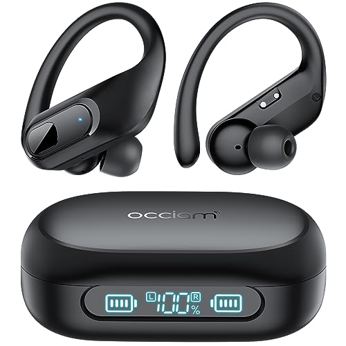 occiam Wireless Earbuds Bluetooth 5.3 Headphones 96Hrs Playback Sports Ear Buds with Microphone Earhook Waterproof in Ear Earphones LED Power Display Headset for Workout Running Black