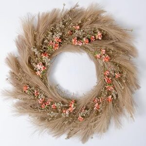 perfnique pampas grass wreath, 27'' fall wreath for front door, pampas wreath for all seasons, boho wall decor, farmhouse rustic floral wreath, diy wreath arrangement(taupe, flowers)