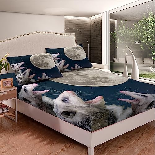 Full Size Opossum Sheet Set Boys Girls Possums Gifts Bed Sheets Set For Kids Women Men Ultra Soft Possums Moon Bedding Set Possum Stuffed Animal Bed Set (Flat Sheet + Fitted Sheet + Pillow Case)