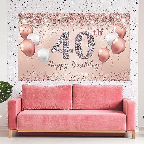 Trgowaul 40th Birthday Decorations for Women, Pink Rose Gold 40th Birthday Banner Backdrop 40 Birthday Party Decorations for Women Turnin 40, 40 & Fabulous Birthday Background Birthday Gift for her