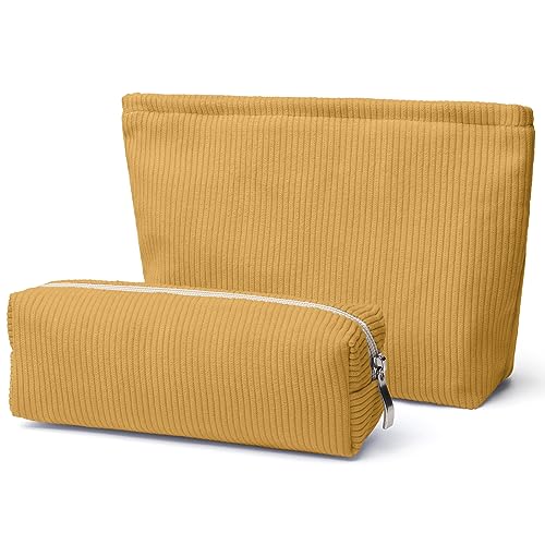 SANYETS 2 Pcs Makeup Bags, Corduroy Cosmetic Bag Set, Large Makeup Bag, Big Cosmetic Bags for Women, Portable Diaper Bag Organizer, Yellow Mama Bag, Travel Essentials