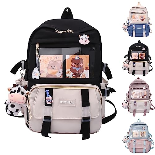 LELEBEAR Kawaii Backpack, Cute Bookbags With Kawaii Pin And Accessories (Black White)