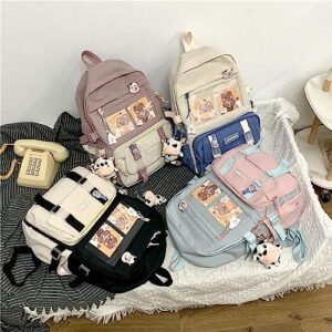 LELEBEAR Kawaii Backpack, Cute Bookbags With Kawaii Pin And Accessories (Black White)