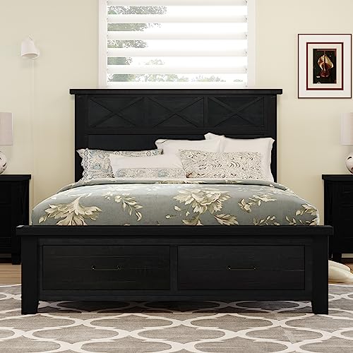 SOFTSEA Queen Size Modern Bed Frame with Drawers Queen Size Platform Bed Frame with High Headboard