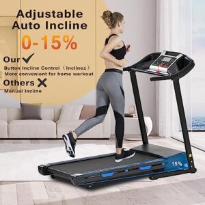 Incline Treadmill,3.5HP Treadmills for Home,Treadmill with 0-15% Auto Incline,Folding Treadmill for Running Walking 330 lbs Weight Capacity,Electric Treadmill,APP Bluetooth & Pulse Monitor (Black)