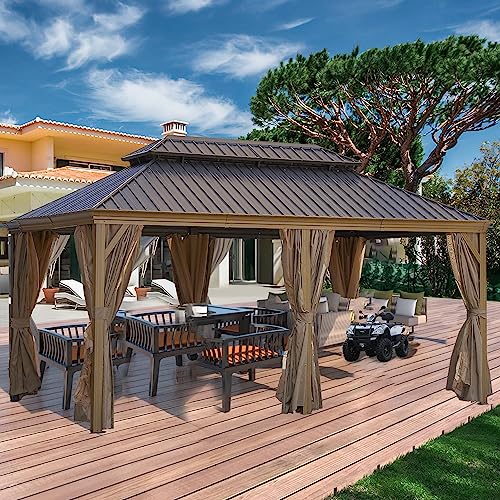 12' x 20' Hardtop Gazebo Galvanized Steel Double Roof Canopy Permanent Outdoor Aluminum Frame Pergola with Netting and Curtains for Garden Backyard Patios, Lawns, and Parties Wood Looking