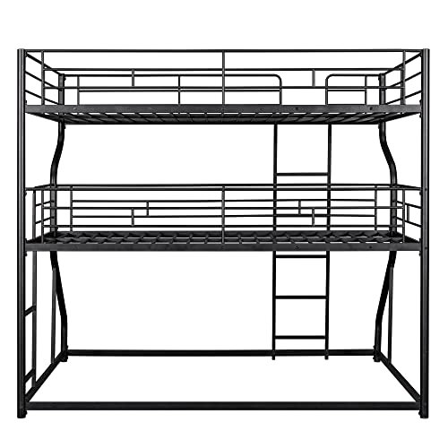 POCIYIHOME Full Over Twin Over Queen Size Triple Bunk Bed with 2 Ladders, Metal Low Bed Frame with Full-Length Guardrail for Kids Teens Girls Boys Bedroom, Space-Saving, No Box Spring Needed, Black