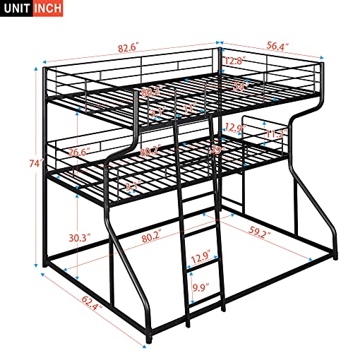 POCIYIHOME Full Over Twin Over Queen Size Triple Bunk Bed with 2 Ladders, Metal Low Bed Frame with Full-Length Guardrail for Kids Teens Girls Boys Bedroom, Space-Saving, No Box Spring Needed, Black