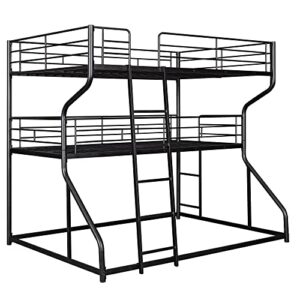 POCIYIHOME Full Over Twin Over Queen Size Triple Bunk Bed with 2 Ladders, Metal Low Bed Frame with Full-Length Guardrail for Kids Teens Girls Boys Bedroom, Space-Saving, No Box Spring Needed, Black