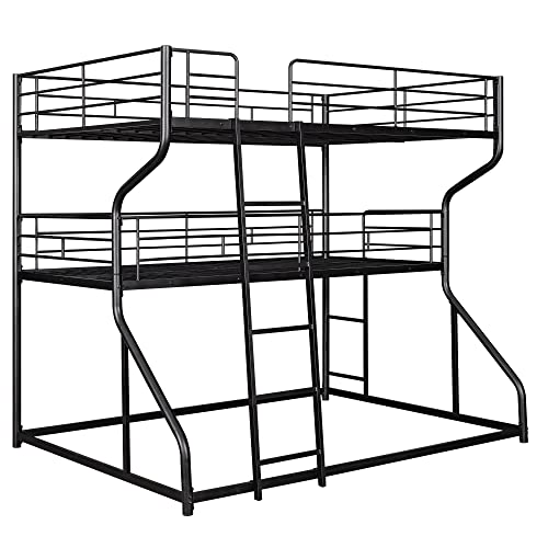 POCIYIHOME Full Over Twin Over Queen Size Triple Bunk Bed with 2 Ladders, Metal Low Bed Frame with Full-Length Guardrail for Kids Teens Girls Boys Bedroom, Space-Saving, No Box Spring Needed, Black