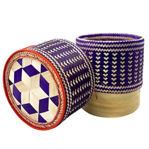 PANWA Combo Sticky Rice Cooking Set Aluminum Cook Pot Diameter 8 1/2" (22 cm) Thai Bamboo“Village Vintage” Steamer Basket 9 Inch Diameter with 24’’ Cheesecloth, and Kratip Container Lilac Toned