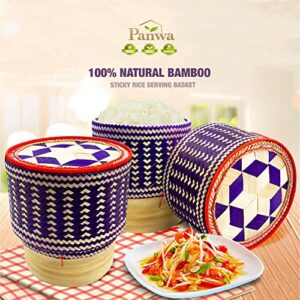 PANWA Combo Sticky Rice Cooking Set Aluminum Cook Pot Diameter 8 1/2" (22 cm) Thai Bamboo“Village Vintage” Steamer Basket 9 Inch Diameter with 24’’ Cheesecloth, and Kratip Container Lilac Toned