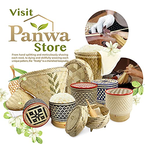 PANWA Combo Sticky Rice Cooking Set Aluminum Cook Pot Diameter 8 1/2" (22 cm) Thai Bamboo“Village Vintage” Steamer Basket 9 Inch Diameter with 24’’ Cheesecloth, and Kratip Container Chocolate Toned