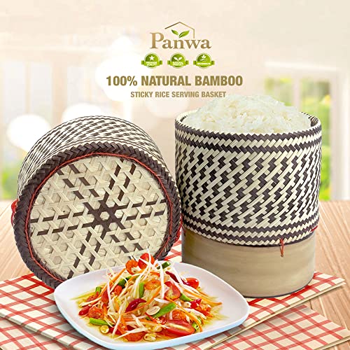 PANWA Combo Sticky Rice Cooking Set Aluminum Cook Pot Diameter 8 1/2" (22 cm) Thai Bamboo“Village Vintage” Steamer Basket 9 Inch Diameter with 24’’ Cheesecloth, and Kratip Container Chocolate Toned