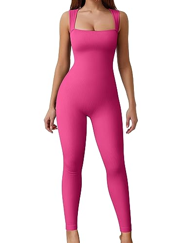 OQQ Women's Yoga Workout Ribbed Square Neck Sleeveless Tank Top Exercise JumpSuit, Rose3, Large