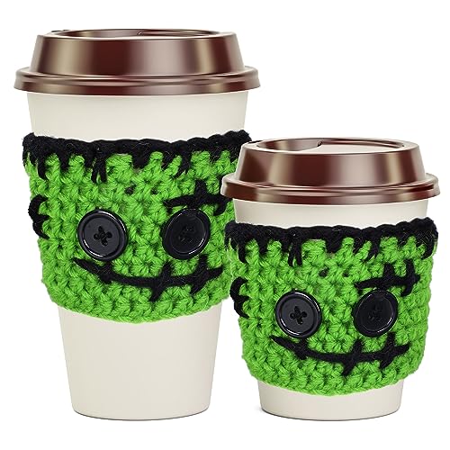 Whaline Halloween Knitted Coffee Sleeves Green Monster Knitted Coffee Sleeves Reusable Handmade Crochet Coffee Tea Mug Warmer Hand Protector for Women Men Paper Cups, 2 Designs