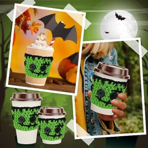 Whaline Halloween Knitted Coffee Sleeves Green Monster Knitted Coffee Sleeves Reusable Handmade Crochet Coffee Tea Mug Warmer Hand Protector for Women Men Paper Cups, 2 Designs