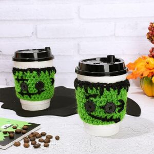 Whaline Halloween Knitted Coffee Sleeves Green Monster Knitted Coffee Sleeves Reusable Handmade Crochet Coffee Tea Mug Warmer Hand Protector for Women Men Paper Cups, 2 Designs