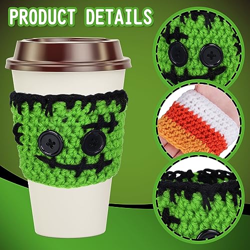 Whaline Halloween Knitted Coffee Sleeves Green Monster Knitted Coffee Sleeves Reusable Handmade Crochet Coffee Tea Mug Warmer Hand Protector for Women Men Paper Cups, 2 Designs