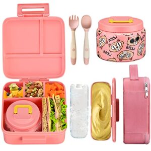 jxxm bento lunch box for kids with 8oz soup thermo,leak-proof lunch containers with 5 compartment,thermo food jar and lunch bag, food containers for school (a-pink(meow cat))