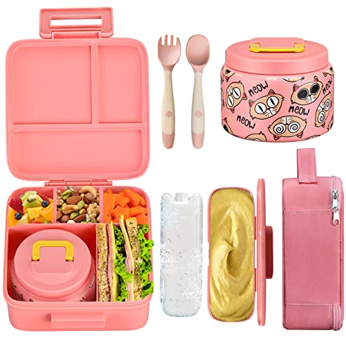 JXXM Bento Lunch Box for Kids With 8oz Soup thermo,Leak-proof Lunch Containers with 5 Compartment,thermo Food Jar and Lunch Bag, Food Containers for School (A-Pink(Meow Cat))