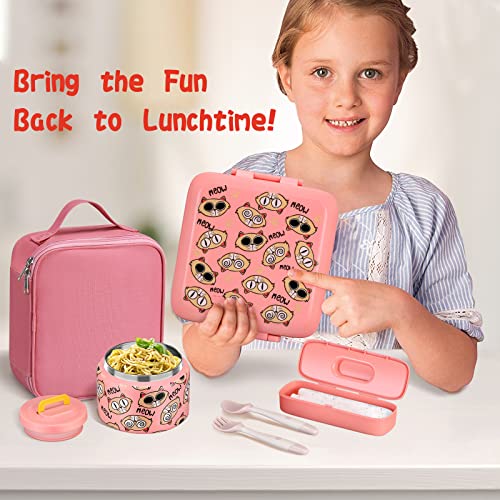 JXXM Bento Lunch Box for Kids With 8oz Soup thermo,Leak-proof Lunch Containers with 5 Compartment,thermo Food Jar and Lunch Bag, Food Containers for School (A-Pink(Meow Cat))