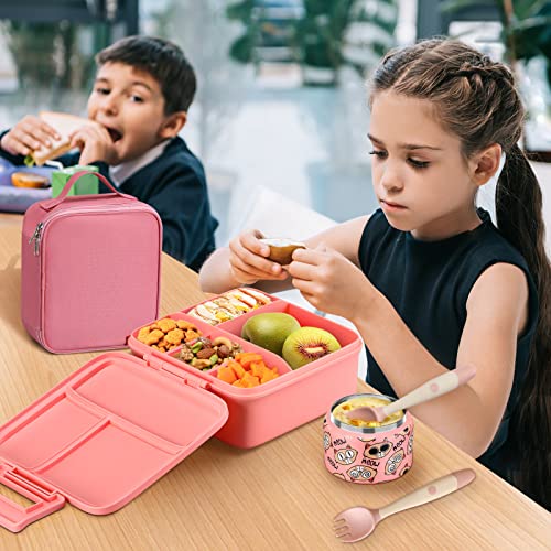 JXXM Bento Lunch Box for Kids With 8oz Soup thermo,Leak-proof Lunch Containers with 5 Compartment,thermo Food Jar and Lunch Bag, Food Containers for School (A-Pink(Meow Cat))