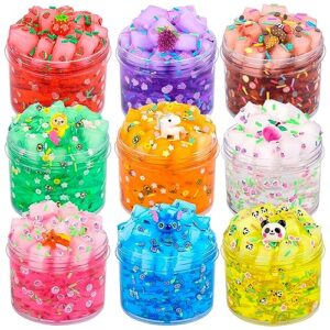 9 pack jelly cube slime kit party favor gifts, crunchy clear glitter crystal slime for girls and boys, diy birthday boba glimmer slime for kids, cute charms soft non-sticky stress relief slime toys