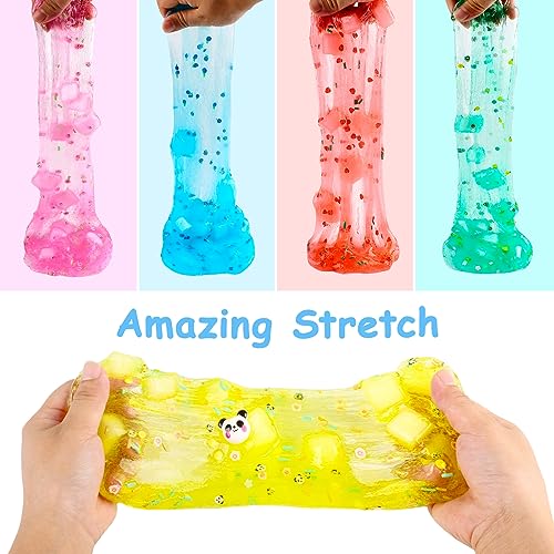 9 Pack Jelly Cube Slime Kit Party Favor Gifts, Crunchy Clear Glitter Crystal Slime for Girls and Boys, DIY Birthday Boba Glimmer Slime for Kids, Cute Charms Soft Non-Sticky Stress Relief Slime Toys