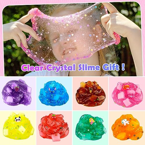 9 Pack Jelly Cube Slime Kit Party Favor Gifts, Crunchy Clear Glitter Crystal Slime for Girls and Boys, DIY Birthday Boba Glimmer Slime for Kids, Cute Charms Soft Non-Sticky Stress Relief Slime Toys