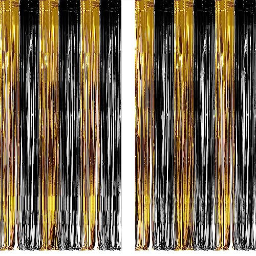 Black and Gold Party Streamers Decoration - GREATRIL Foil Fringe Backdrop for Anniversary/Retirement/Graduation/Farewell/Cocktail/Prom/EID/Birthday - 3.2ft X 8.2ft - 2 Packs